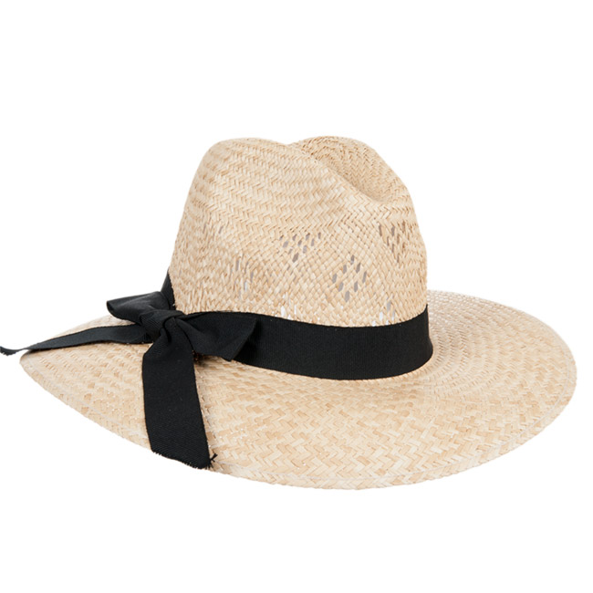 Hut aus Naturstroh für Damen mit breiter Krempe und schwarzem Hutband ...